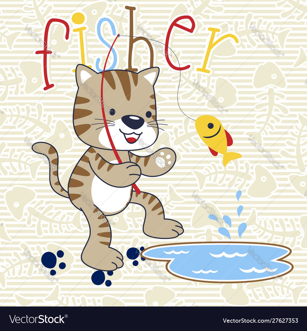 Cute cat cartoon fishing on fish bone background Vector Image