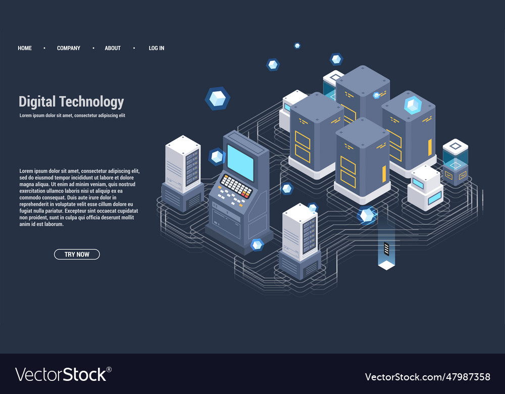Isometric server room and big data processing Vector Image