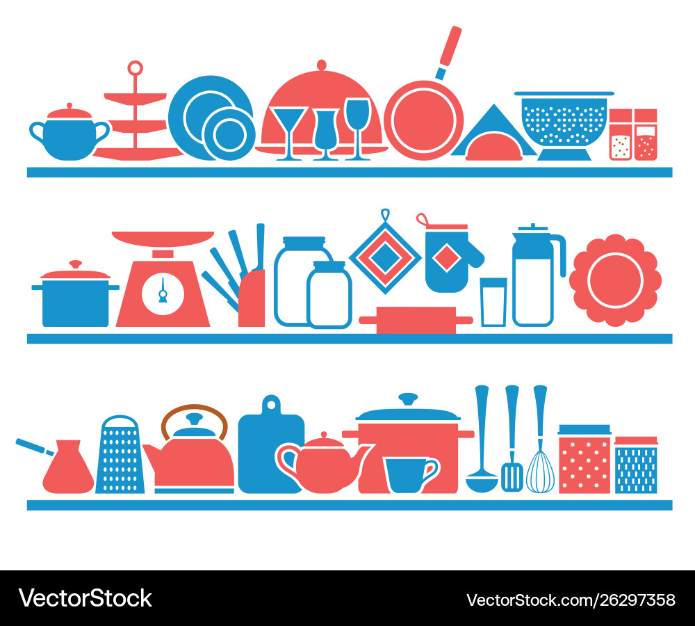 Kitchen shelves with utensils for cooking Vector Image