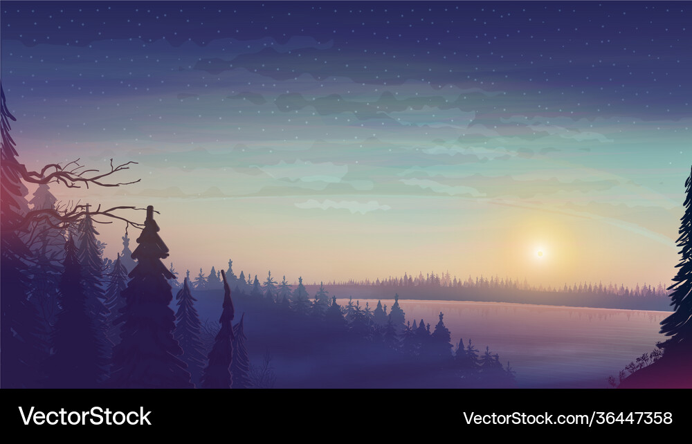 Landscape with large lake and pine forest Vector Image