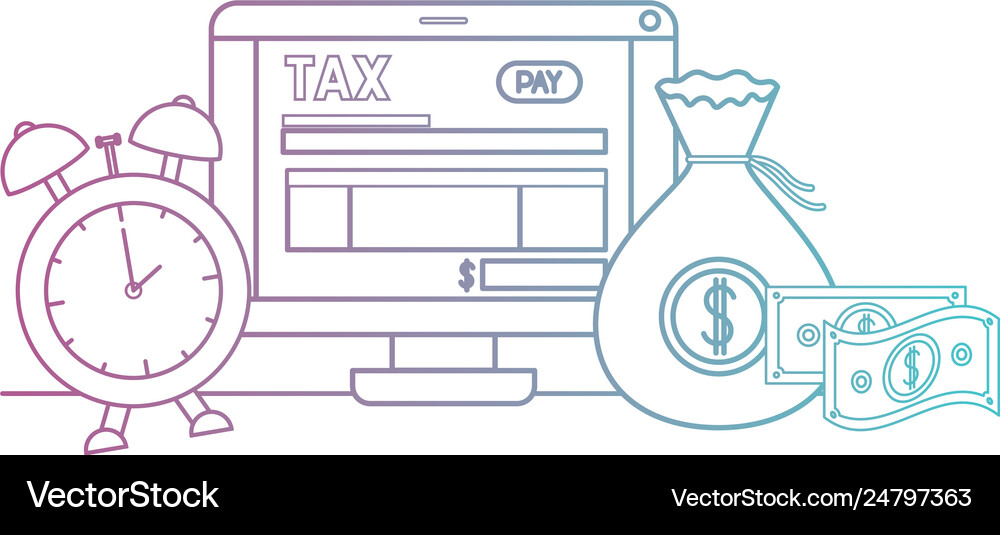 Computer with tax on line and set icons Royalty Free Vector