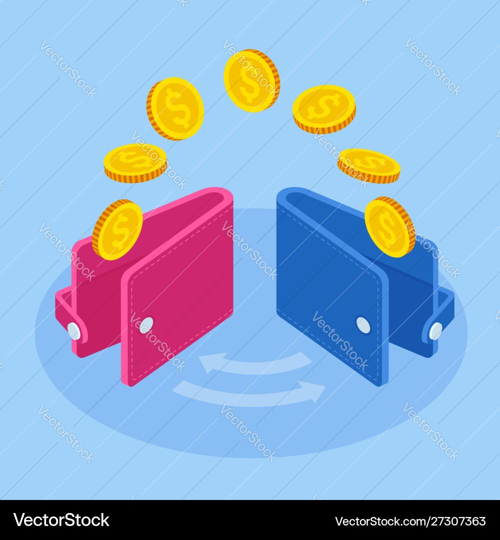 Isometric money transfer online wallet Royalty Free Vector