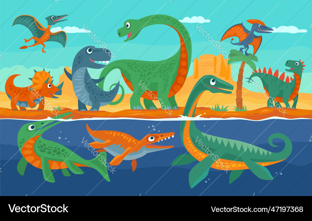 Dinosaurs mountains palm cactus and sky Royalty Free Vector