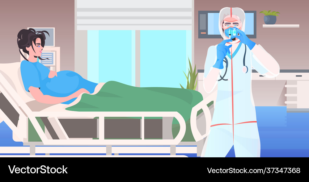 Doctor in mask and protective suit preparing Vector Image
