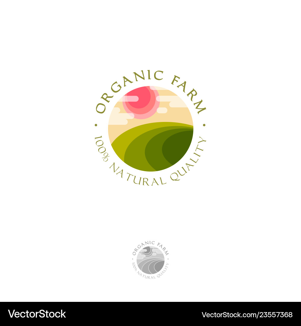 Organic farm logo green meadows sunset clouds Vector Image