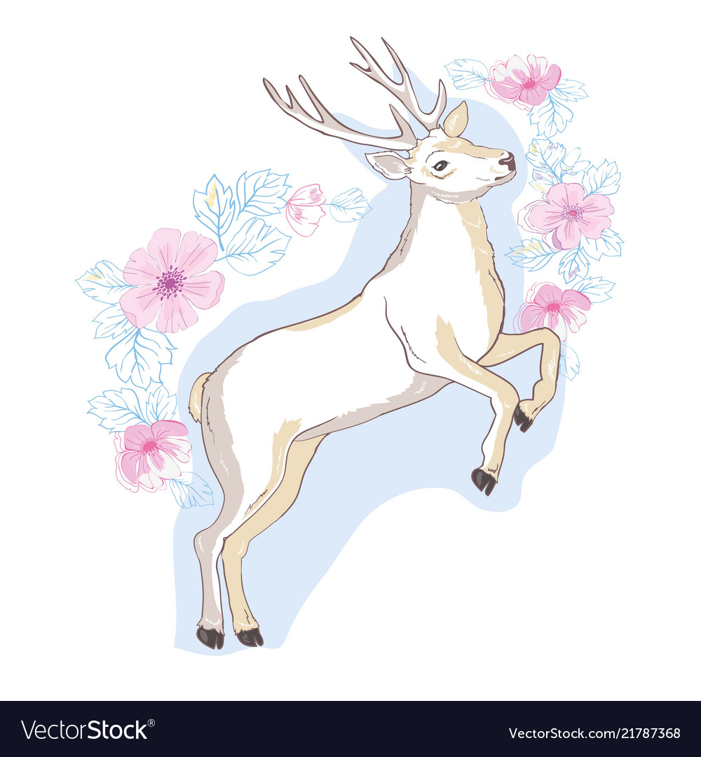 Watercolor isolated deer big antlers flowers Vector Image