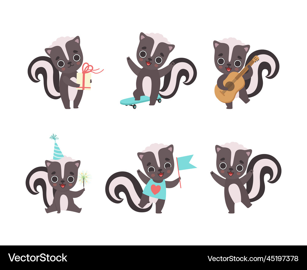 Cute skunk animal character engaged in different Vector Image