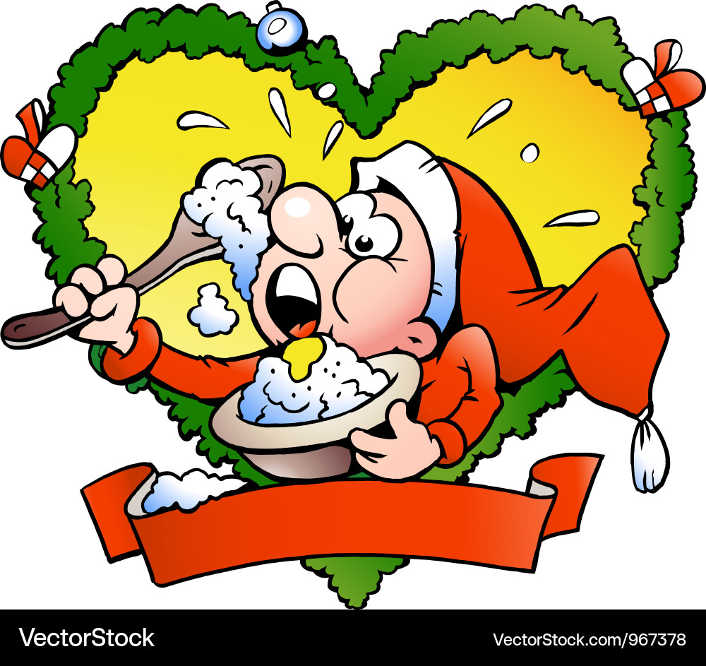 Hand-drawn of an elf eating rice pudding Vector Image