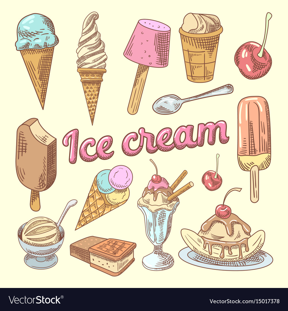 Ice Cream Hand Drawn Doodle With Cone Cherry Vector Image