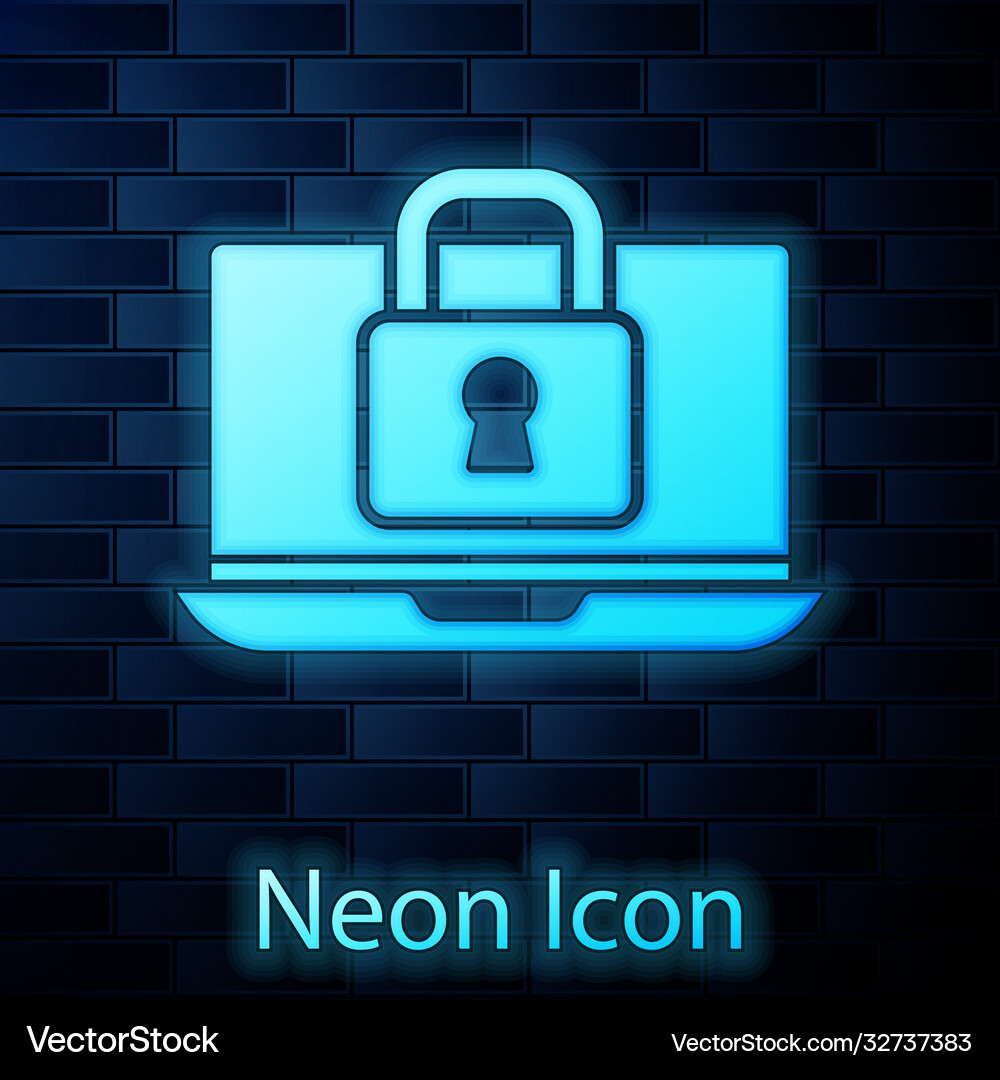 Glowing neon laptop and lock icon isolated Vector Image