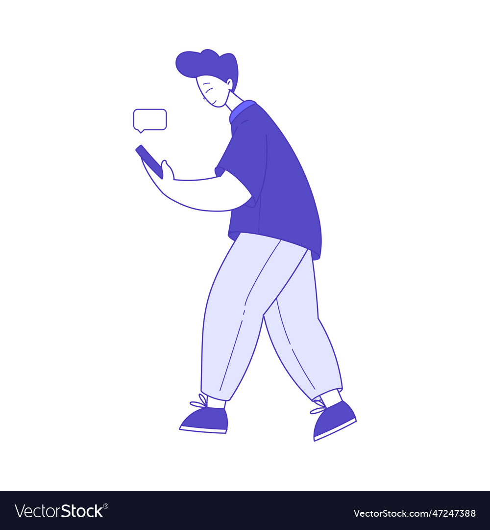 Man character walking with smartphone using social