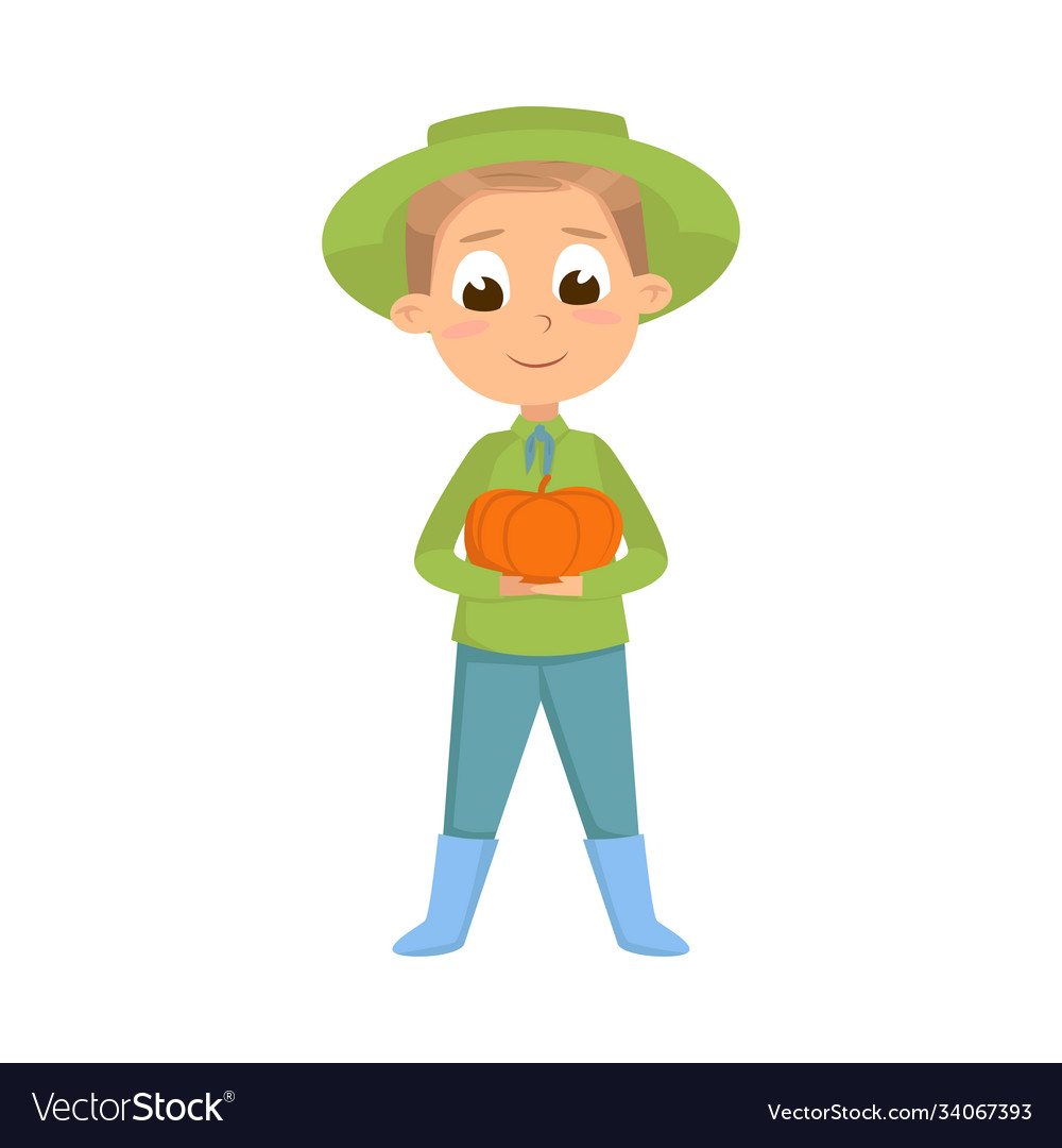 Cute boy holding ripe pumpkin little kid farmer Vector Image