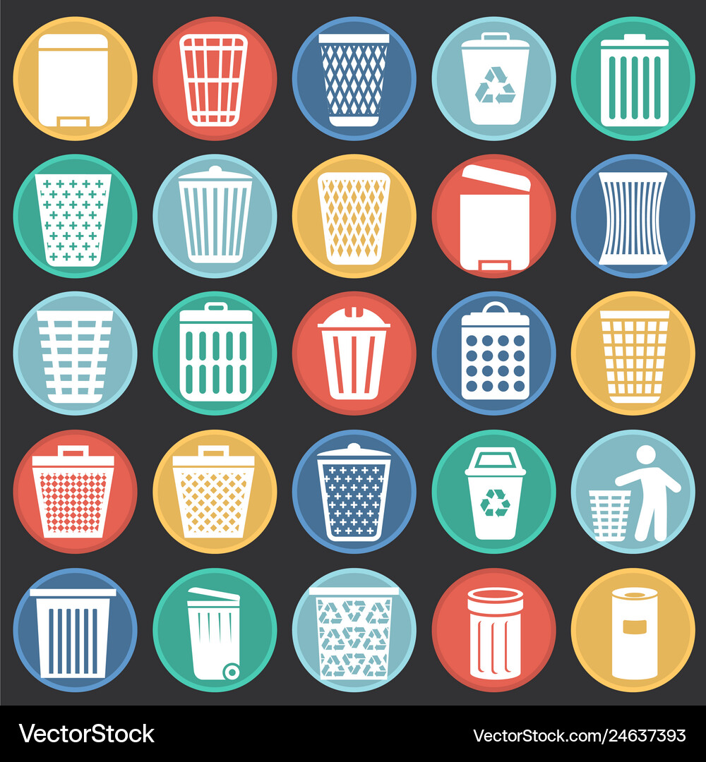 Trash bin icons set on color circles black Vector Image