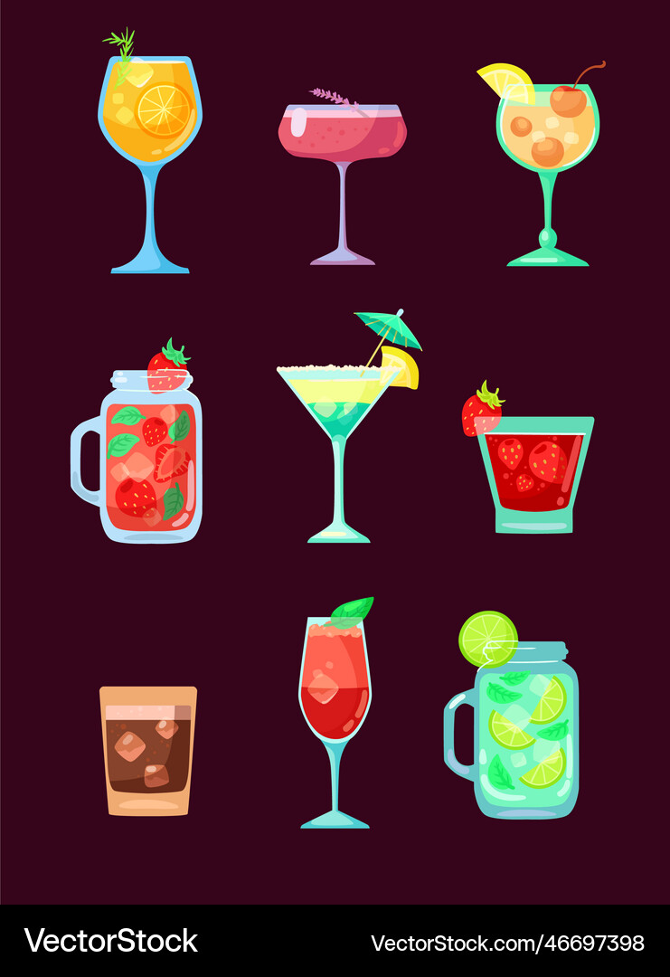 Alcohol cocktails cartoon set Royalty Free Vector Image