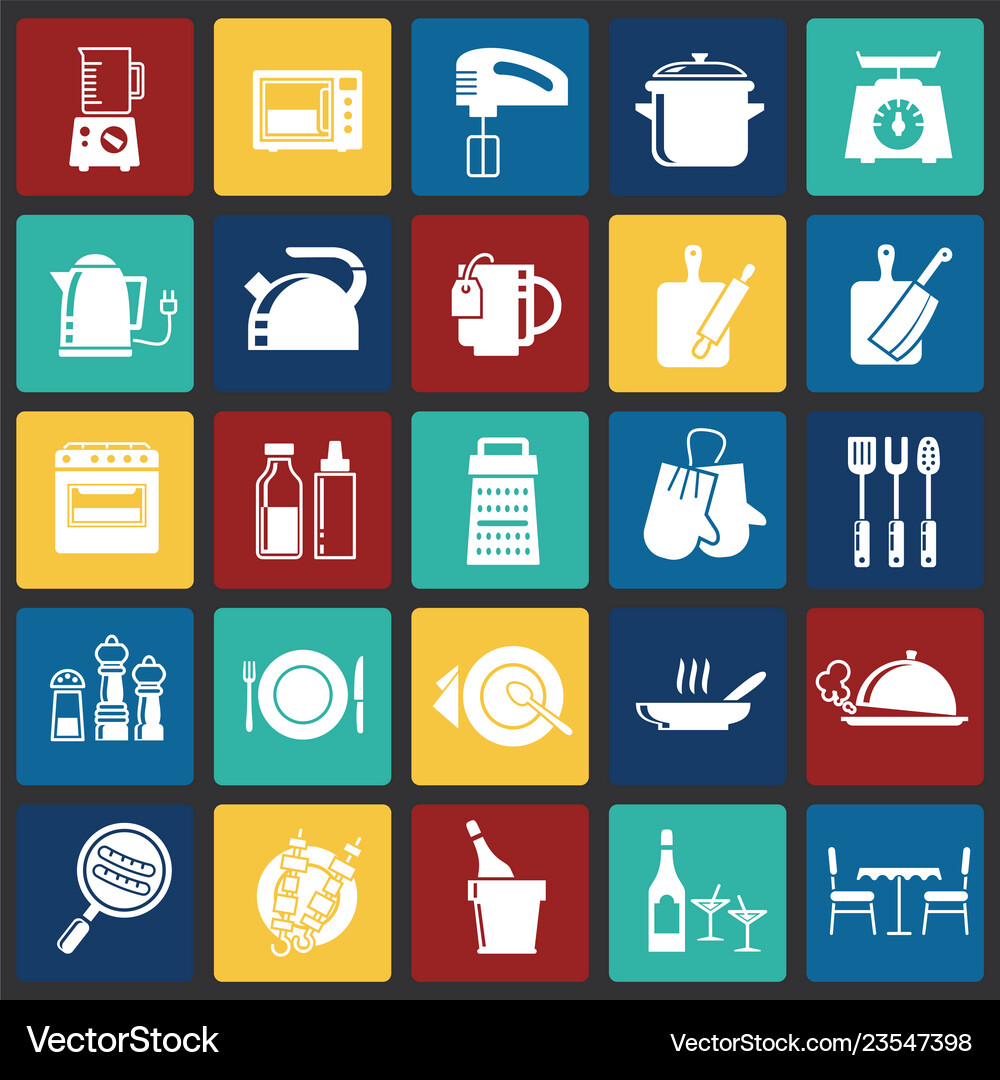 Kitchen icons set on color squares background Vector Image