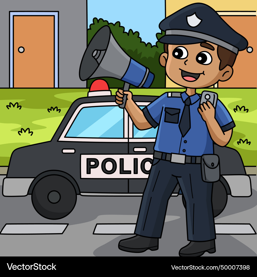 Police man with a megaphone colored cartoon Vector Image