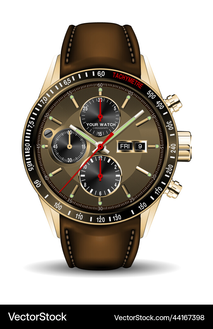 Realistic gold clock watch chronograph brown Vector Image