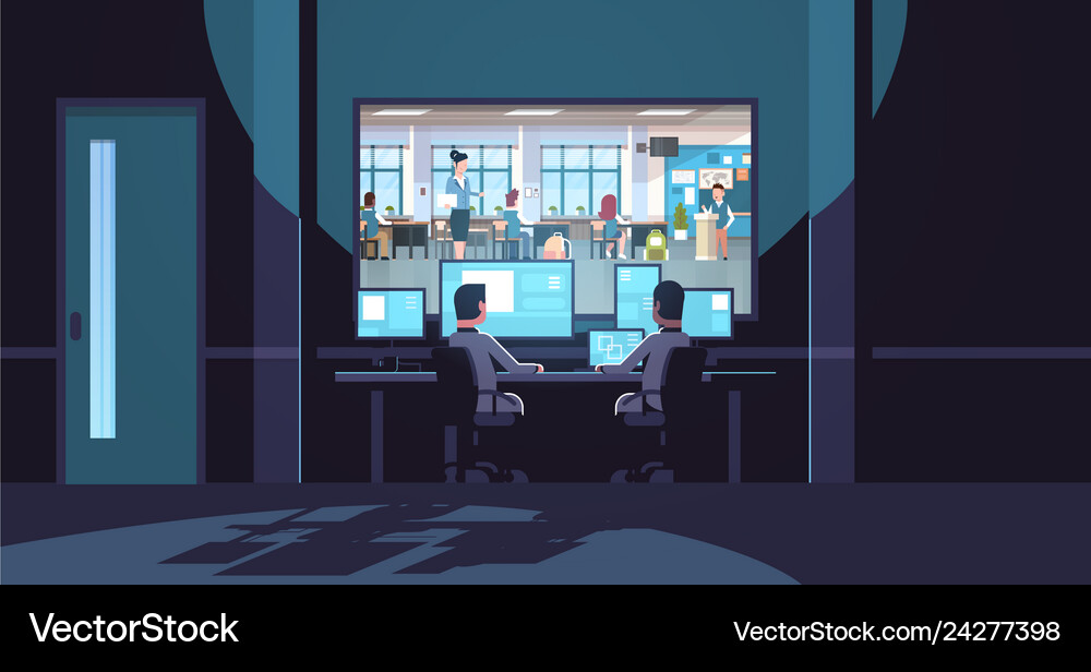 Two men looking at monitors sitting behind glass Vector Image