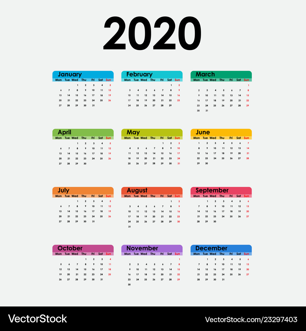 2020 calendar templatecalendar 2020 set 12 Vector Image