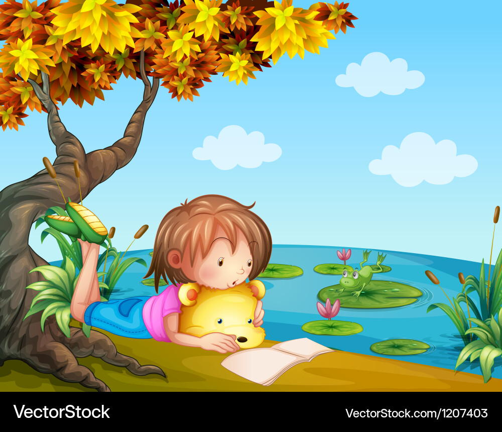 A girl reading beside the river Royalty Free Vector Image
