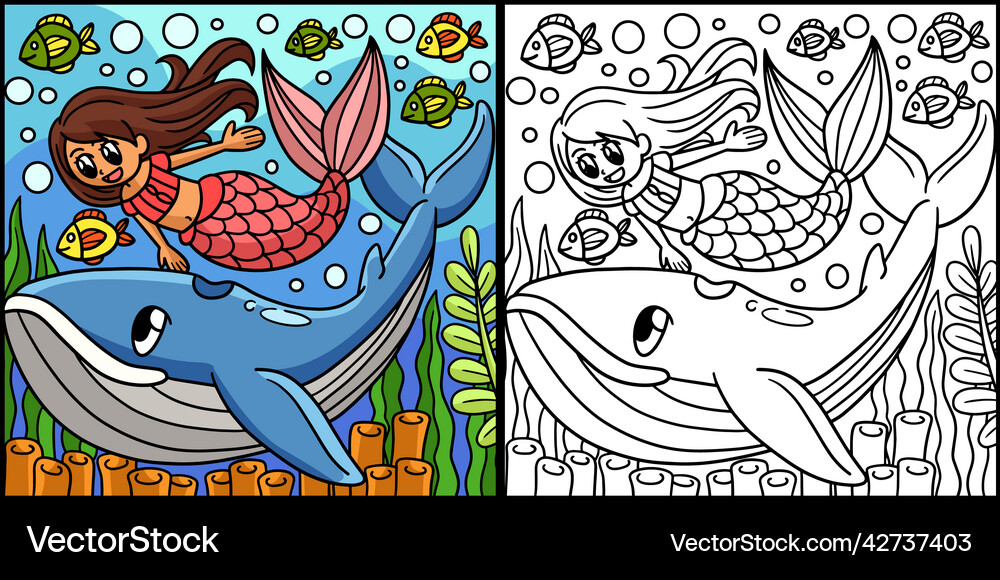 Mermaid with whale coloring page Royalty Free Vector Image