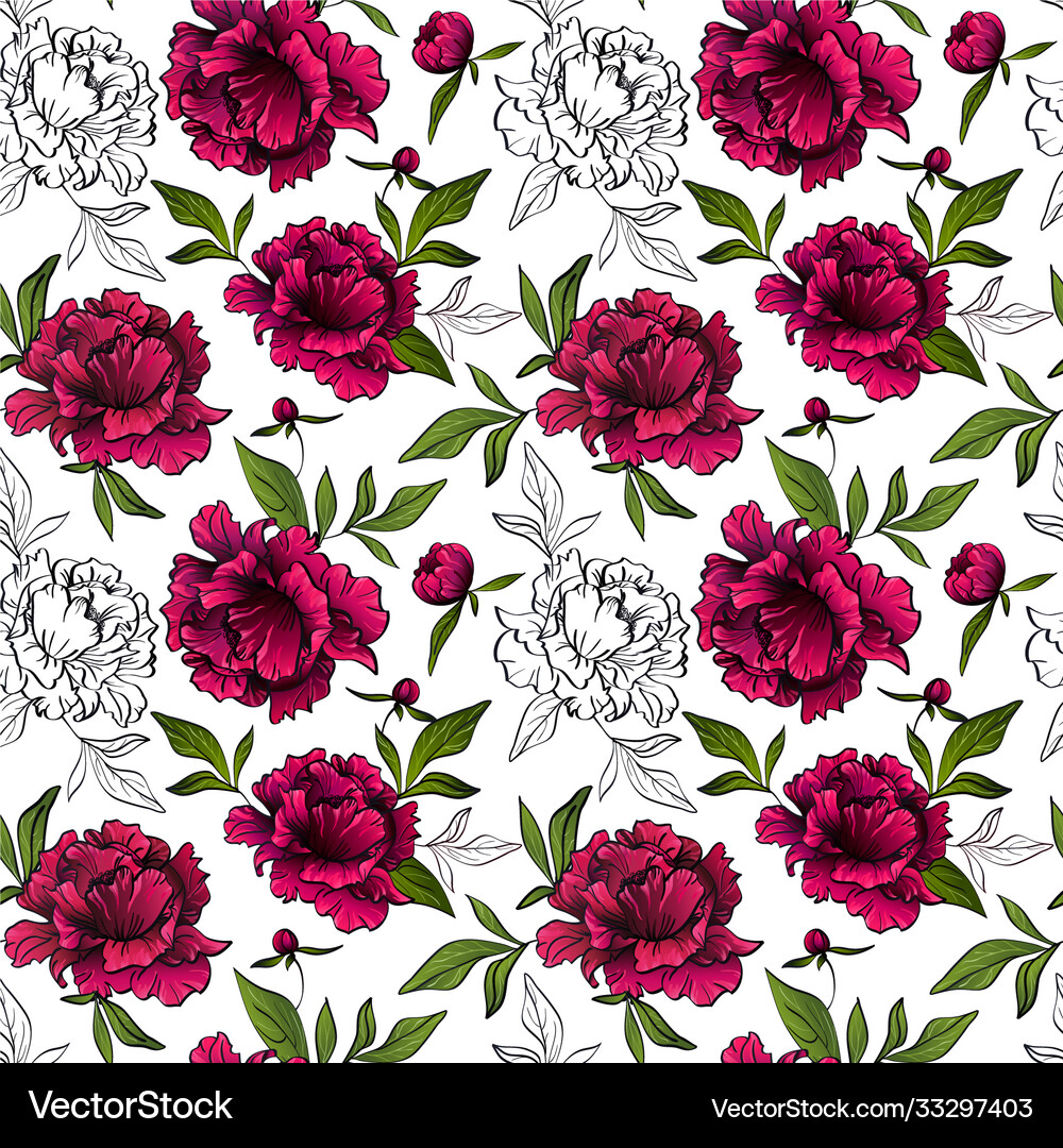 Pattern with red peony flowers and green leaves Vector Image