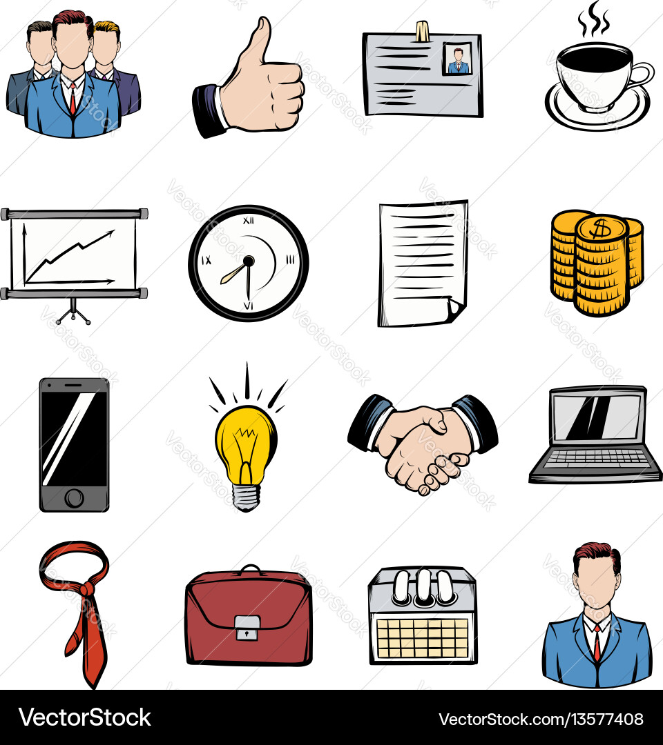 Business icons set cartoon Royalty Free Vector Image