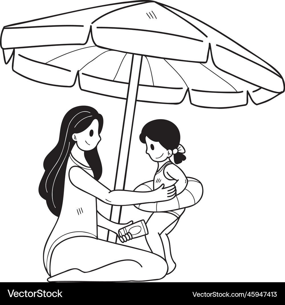 Hand drawn female tourists applying sunscreen Vector Image