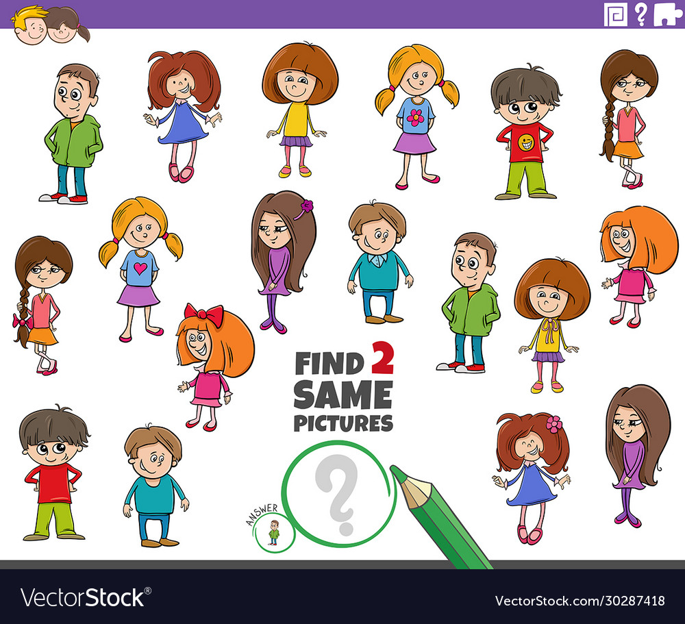 Find two same kid characters task Royalty Free Vector Image