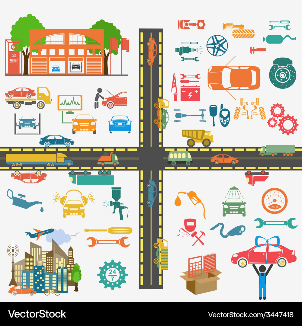 Set of auto repair service elements for creating Vector Image