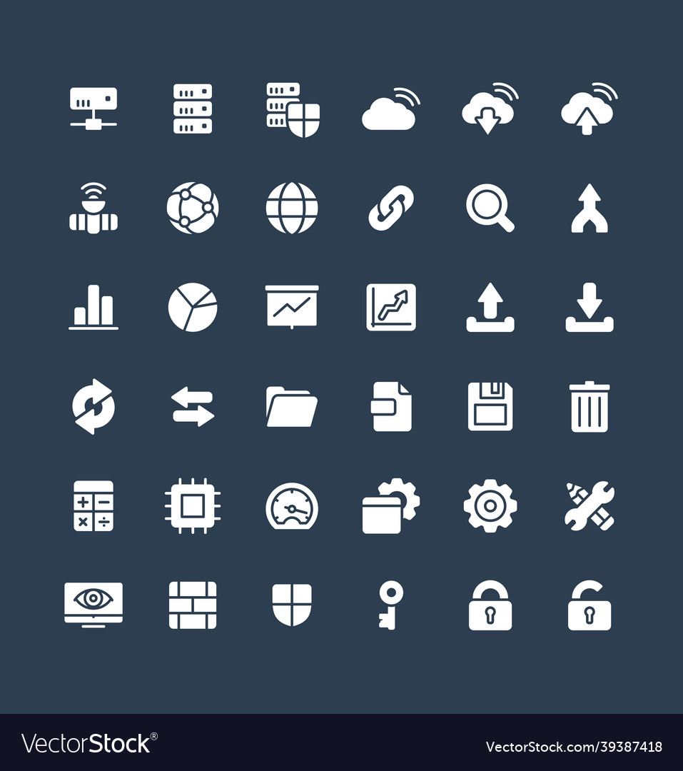 Solid icons set with big data and analytics Vector Image