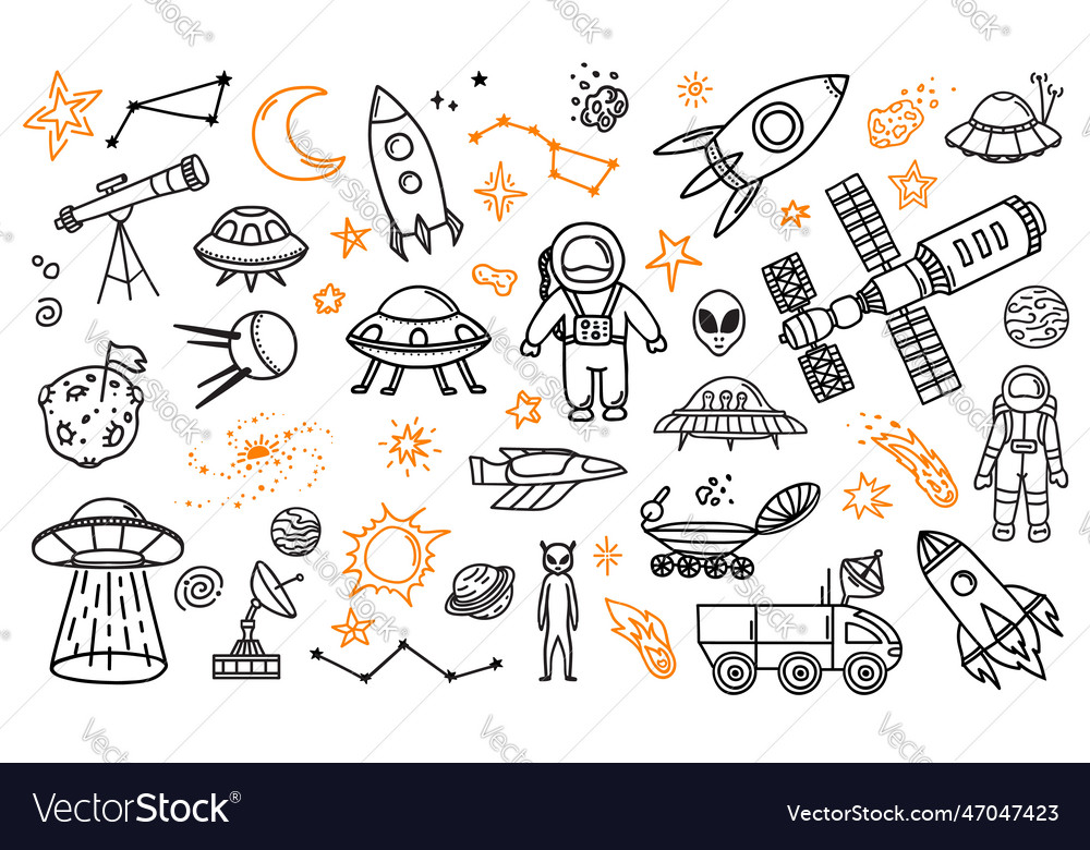 Doodle space planets astronauts spaceship comet Vector Image Doodle space planets astronauts spaceship comet Vector Image