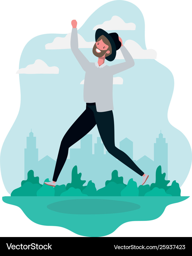 Man dancing in landscape with trees and plants Vector Image