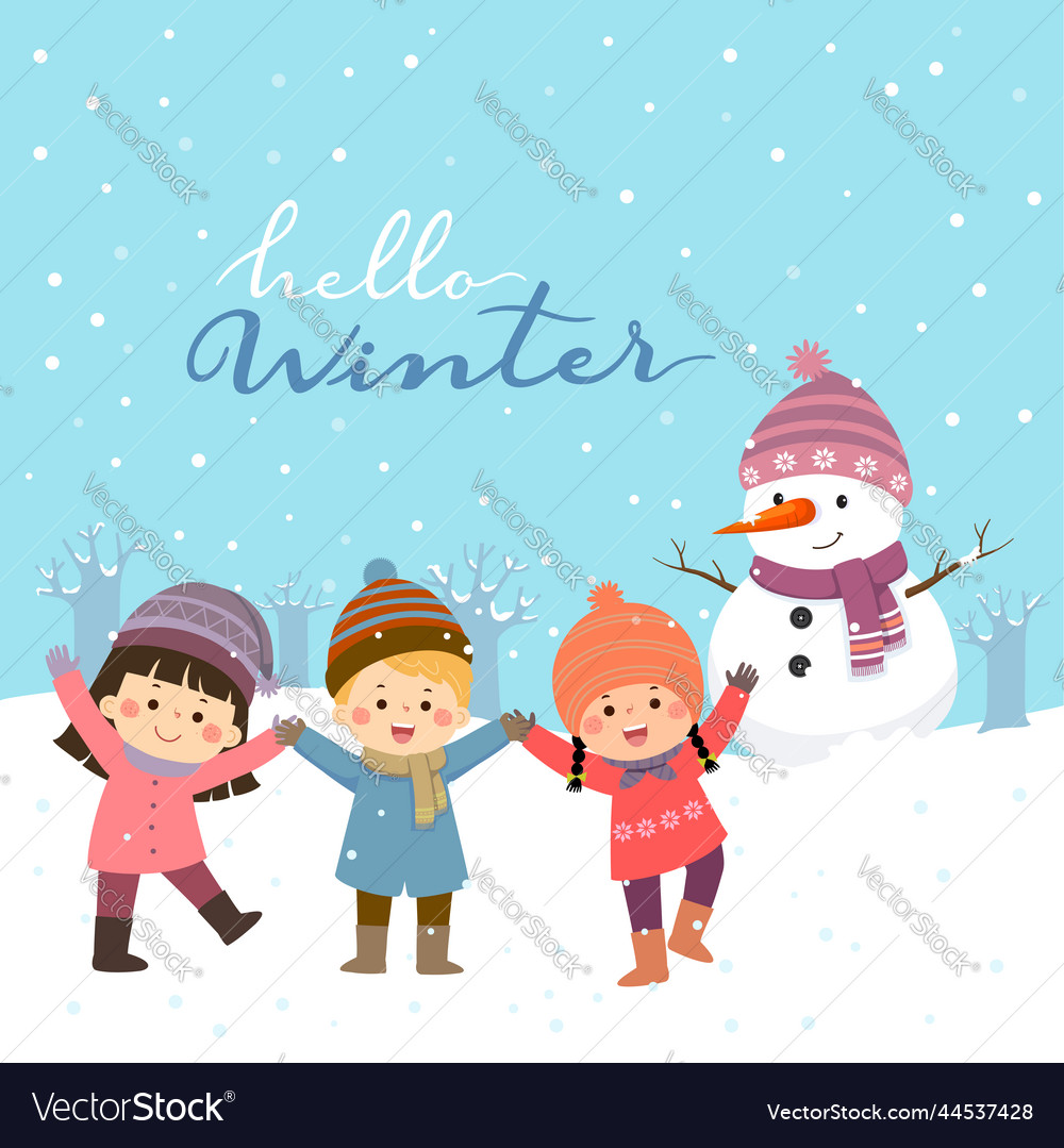 Winter fun kids playing outdoors in Royalty Free Vector