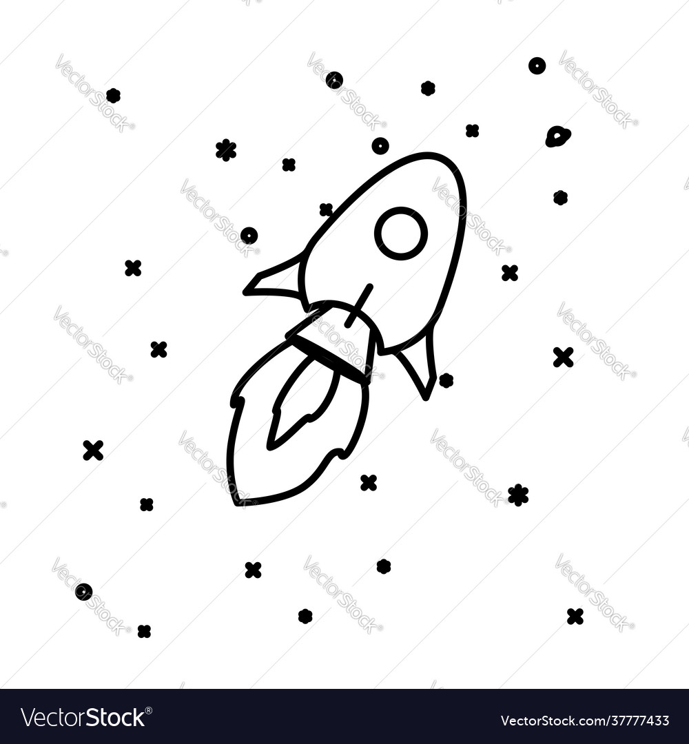 Flat linear rocket flying through space Royalty Free Vector