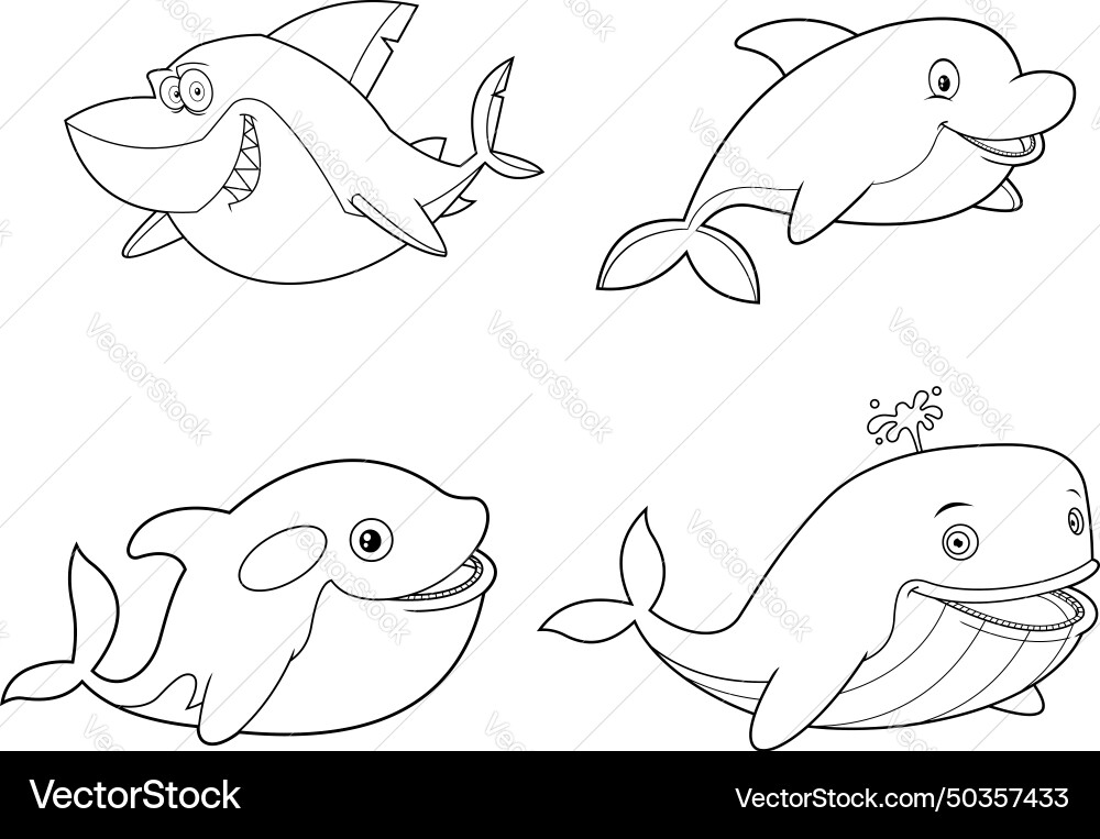Outlined ocean or sea animals collection set Vector Image