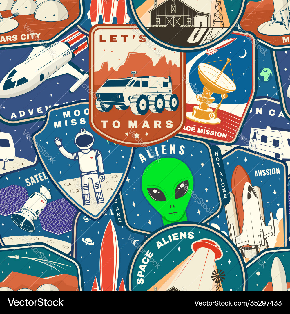Set space mission colorful seamless pattern Vector Image