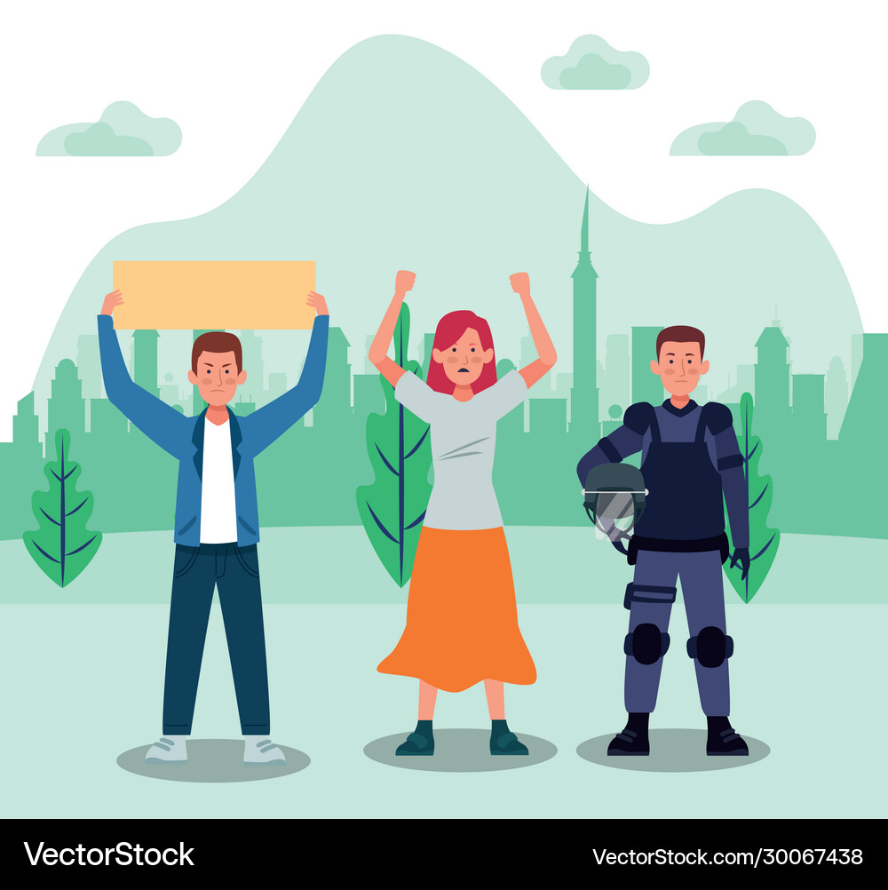 Activists people protesting with riot police Vector Image