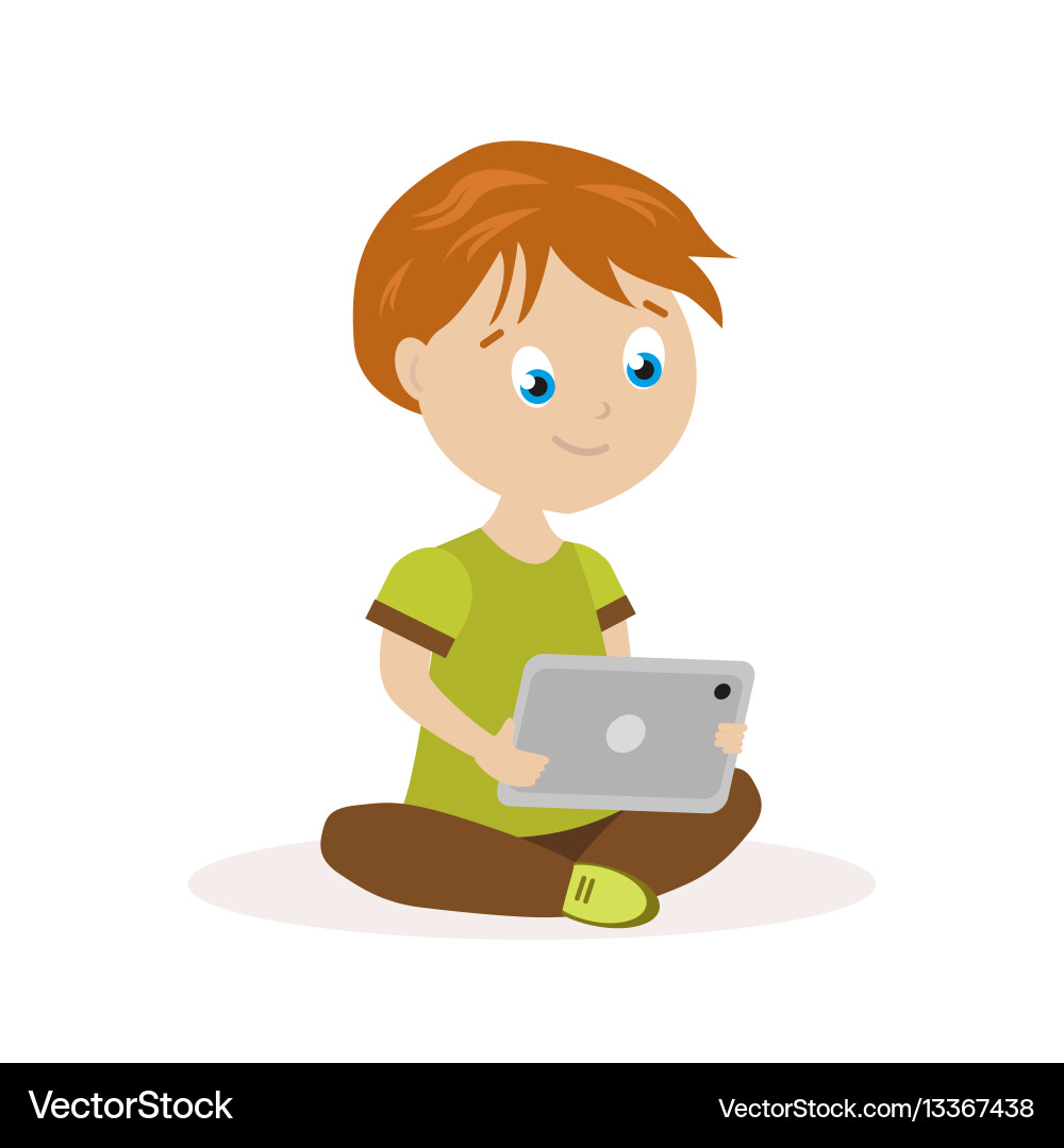Boy sitting on the floor with a tablet in hands Vector Image