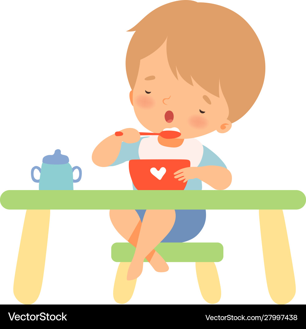 Little boy eating on his own Royalty Free Vector Image