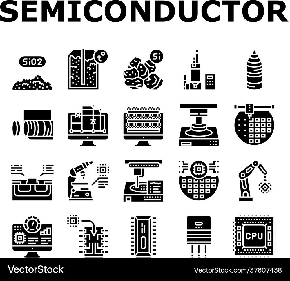 Semiconductor manufacturing plant icons set Vector Image