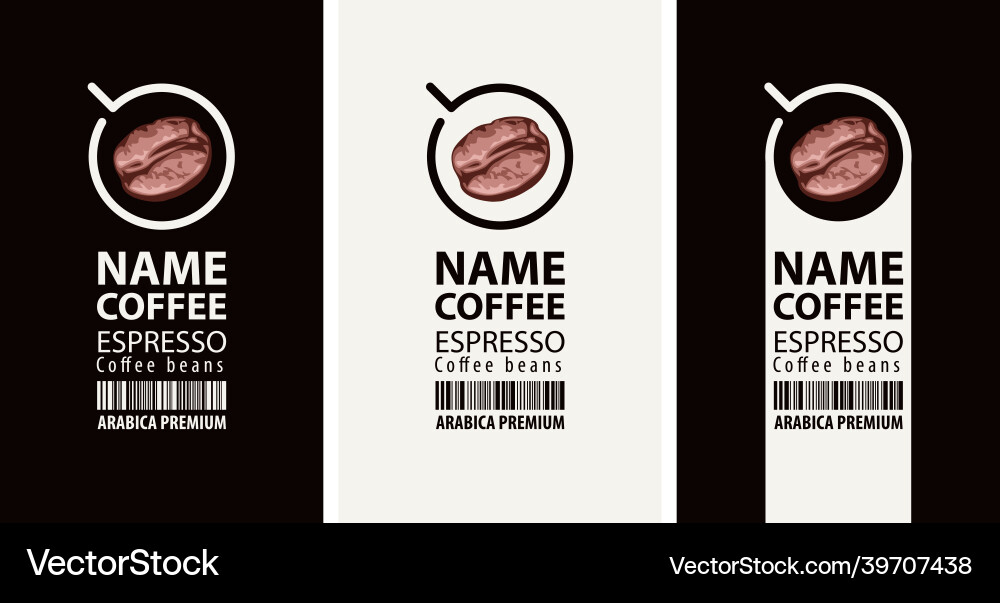 Set of three labels for coffee beans with barcodes