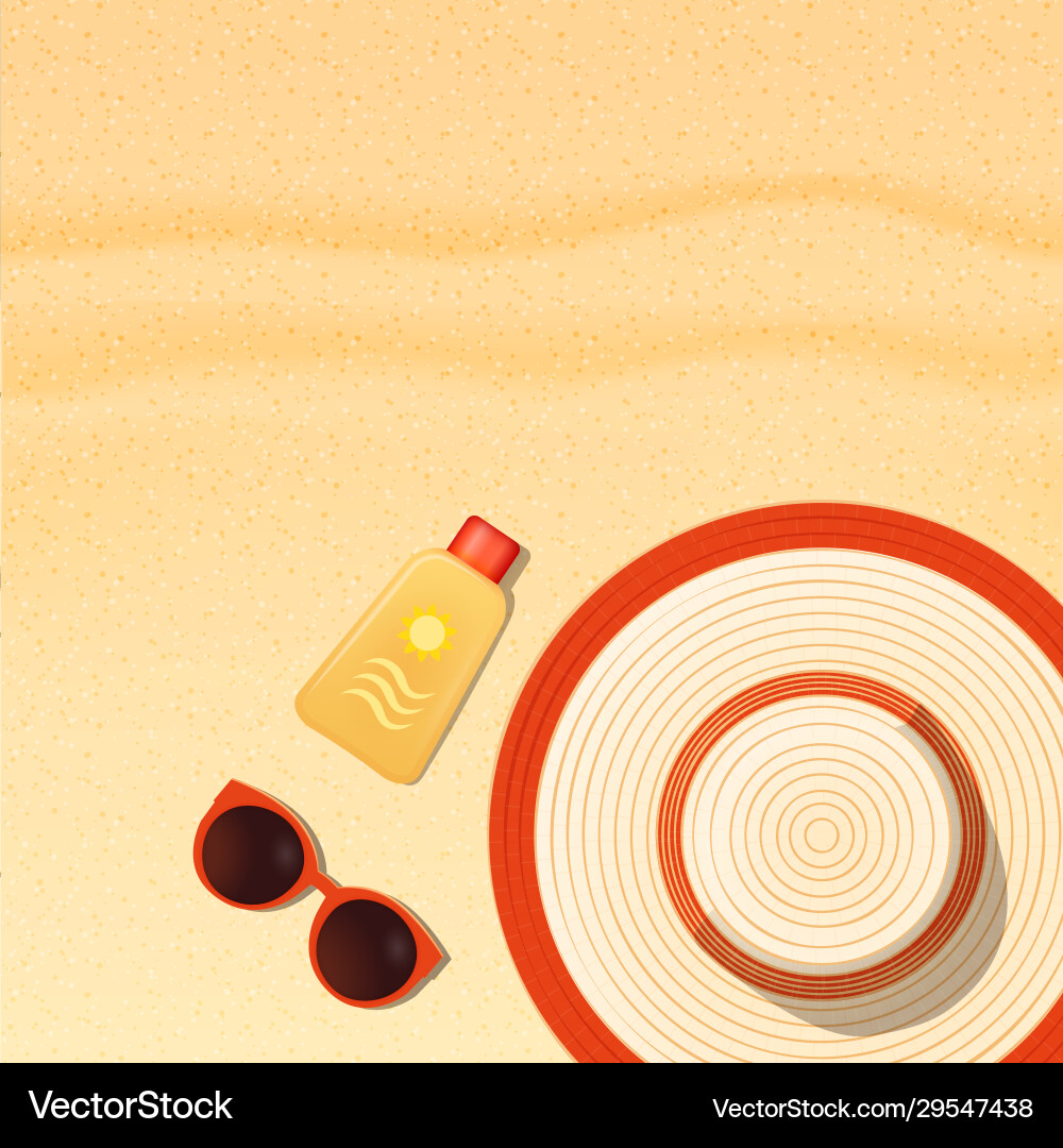 Sun protection items laying on sand beach Vector Image