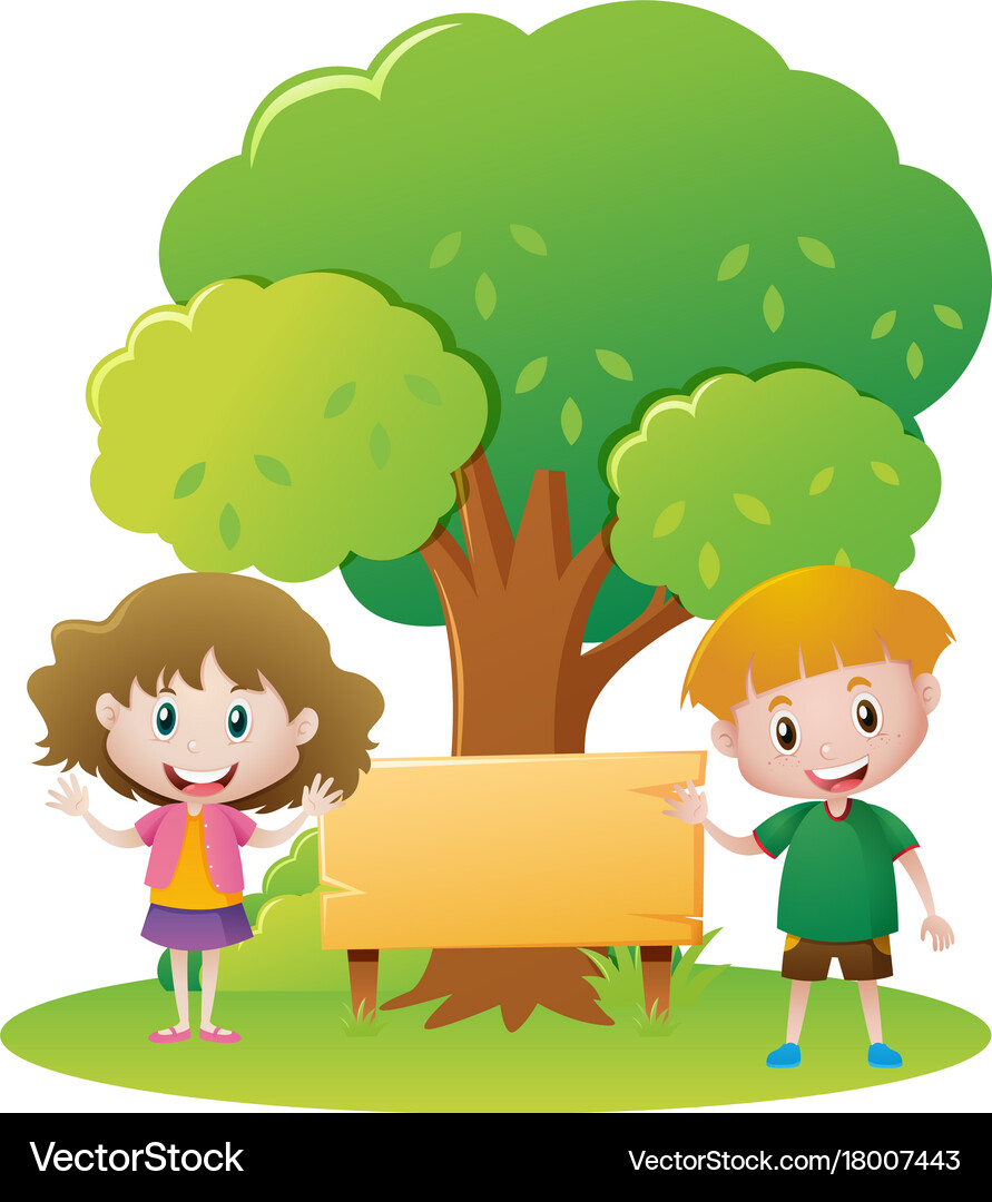 Two kids and sign in park Royalty Free Vector Image