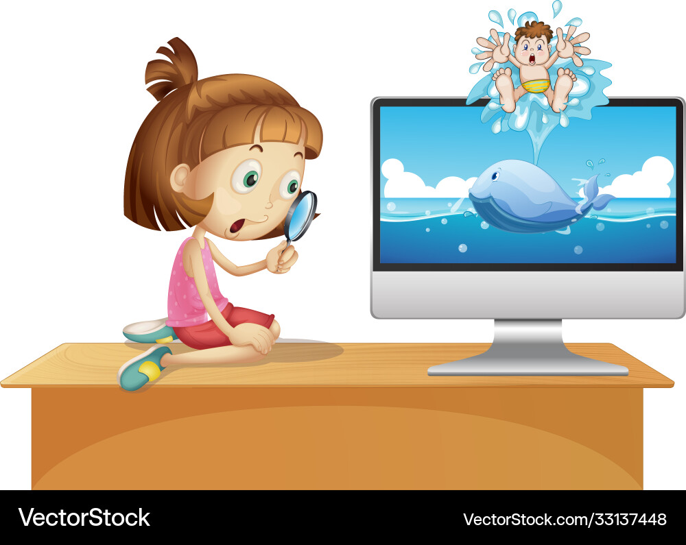 Girl look through magnifying glass to computer Vector Image