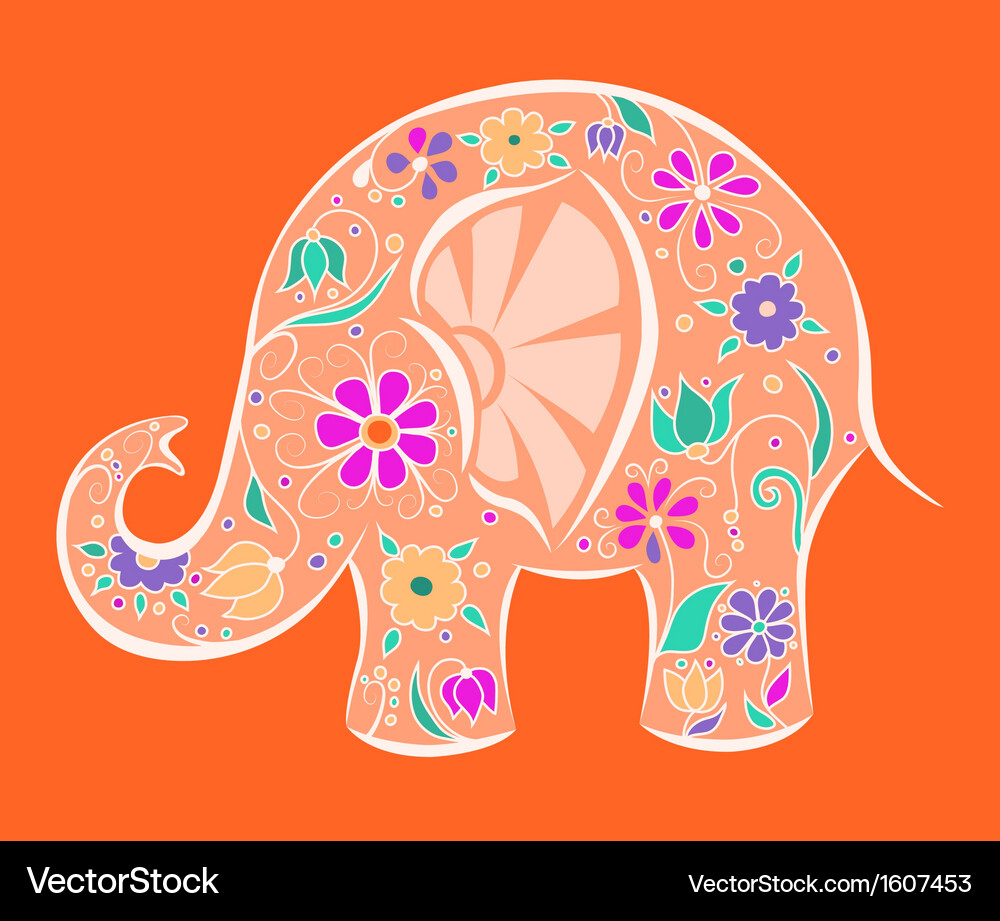 Orange elephant painted by flowers Royalty Free Vector Image