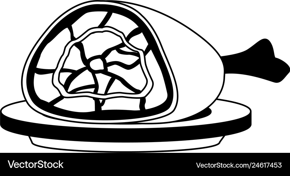 Pork ham on dish in black and white Royalty Free Vector