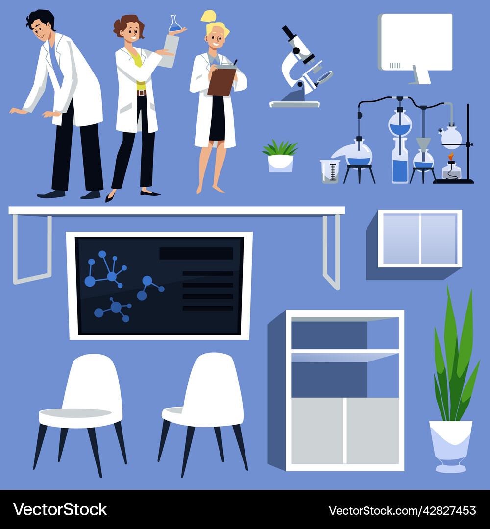 Scientists and laboratory equipment collection Vector Image