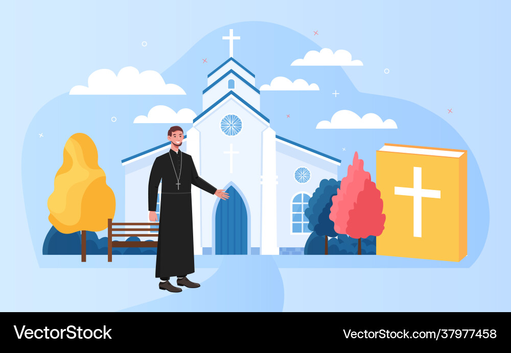 Male priest standing outside big white church Vector Image