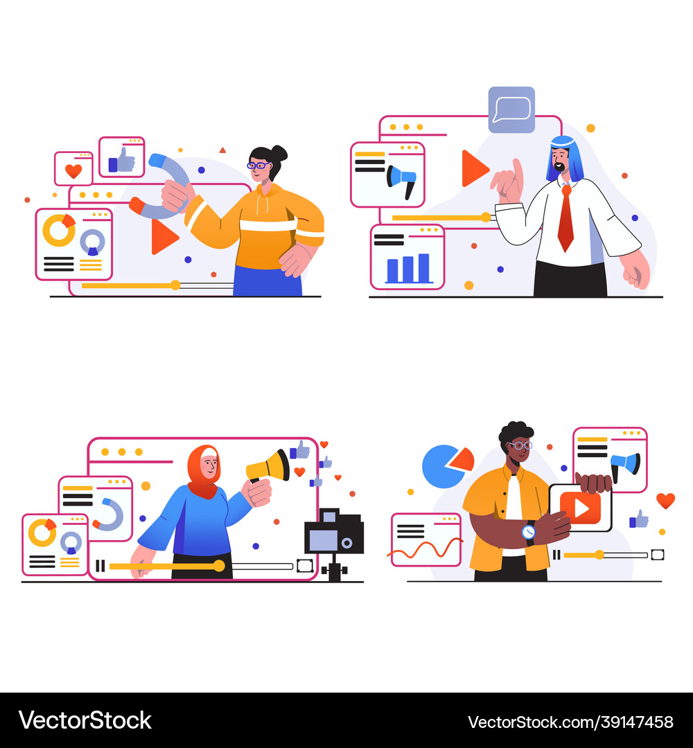 Video marketing concept scenes set Royalty Free Vector Image